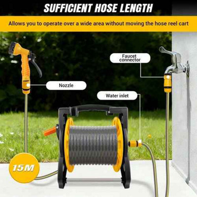 Garden Hose Reel, Hose Storage System with Nozzle Fittings with 15m pipe