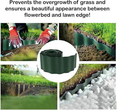 Garden Lawn Edging - Green Wavy Plastic, 20cm Height x 9m Length