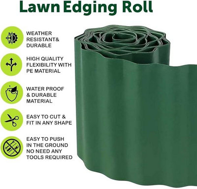 Garden Lawn Edging - Green Wavy Plastic, 20cm Height x 9m Length