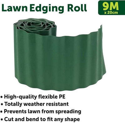 Garden Lawn Edging - Green Wavy Plastic, 20cm Height x 9m Length