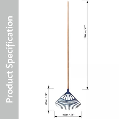 Garden Leaf Rake - 22 Tine Plastic Head & 120 cm Wooden Handle, 45 cm ...