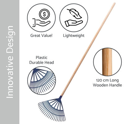 Garden Leaf Rake - 22 Tine Plastic Head & 120 cm Wooden Handle, 45 cm ...