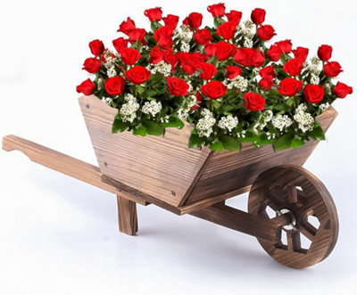 GARDEN MODERN WOODEN WHEEL BARROW PLANTER BURNT WOOD FLOWER CART ...