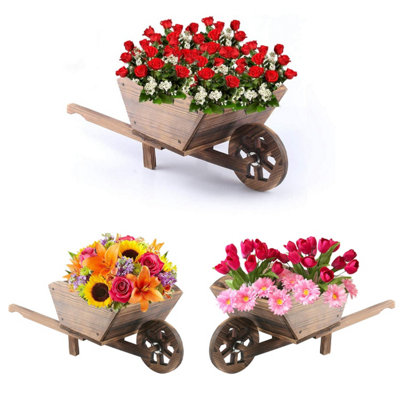 GARDEN MODERN WOODEN WHEEL BARROW PLANTER BURNT WOOD FLOWER CART ...