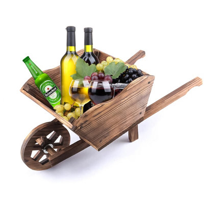 GARDEN MODERN WOODEN WHEEL BARROW PLANTER BURNT WOOD FLOWER CART ...