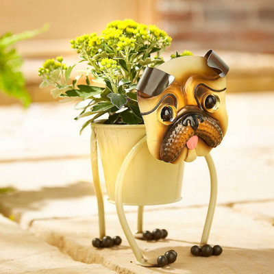 Garden Planter with Nodding Dog Design - Metal Pug Plant Pot, Wobbles ...