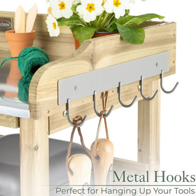 Garden Potting Table Bench Outdoor Wooden Metal Top Shelves Hooks Christow