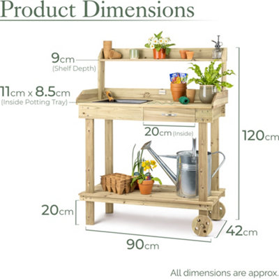 Garden Potting Table Bench Outdoor Wooden Workstation Wheels Tray Christow
