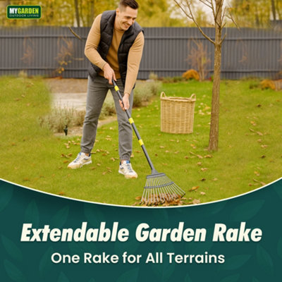 Garden Rake for Leaf Collection 184cm Extendable Metal Rake Steel ...