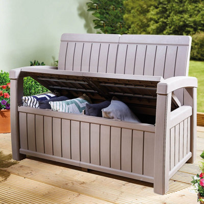 Garden Storage Bench in Grey, 230L Capacity, Weatherproof Polypropylene, Seats Two, L124 x W66 x ...