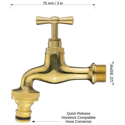 Garden Tap Faucet Mixer, Solid Brass, Polished, 1/2" BSPM with Quick ...
