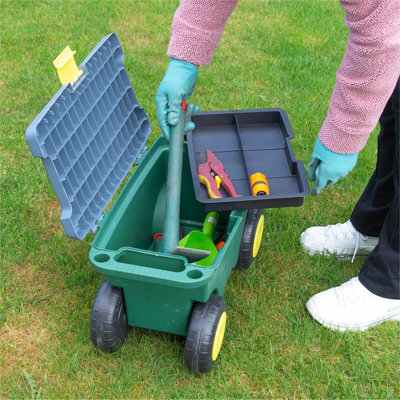 Garden Tool Trolley & Seat - Plastic Storage Cart Box with 4 Wheels, 2 ...