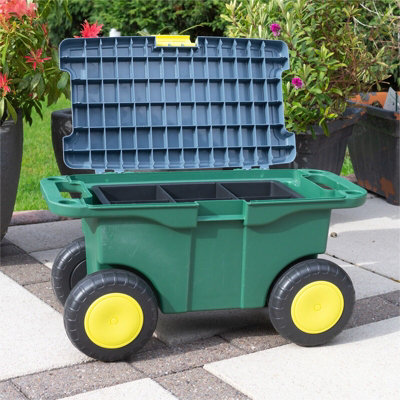 Garden Tool Trolley & Seat - Plastic Storage Cart Box with 4 Wheels, 2 ...