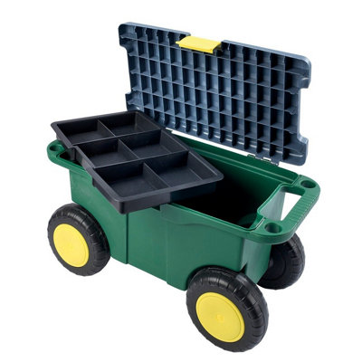 Garden Tool Trolley & Seat - Plastic Storage Cart Box with 4 Wheels, 2 ...
