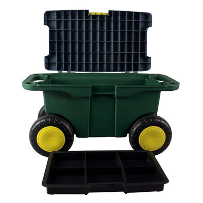 Garden Tool Trolley & Seat - Plastic Storage Cart Box with 4 Wheels, 2 ...