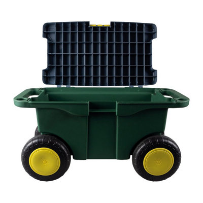 Garden Tool Trolley & Seat - Plastic Storage Cart Box with 4 Wheels, 2 ...