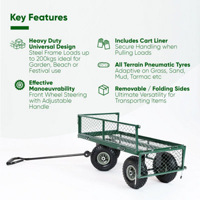 Garden TROLLEY Cart Pull Along Trailer 200kg Load Green Mesh Utility ...