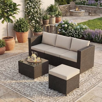 Garden Vida Hampton 4 Seater Corner Rattan Seating Set Brown Complete ...