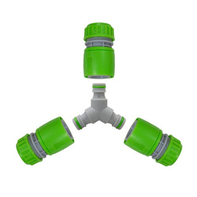 Garden watering hose pipe splitter with 3 x universal hose fittings