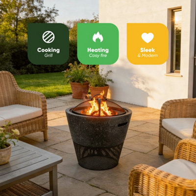 Gardenwize MGO Round Firepit & BBQ with Log Storage 2 In 1 Outdoor Fire ...