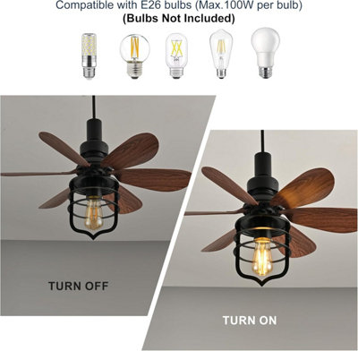 Garwarm 20 Inch (52cm) Screw-In Ceiling Fan with Light & Remote - Black