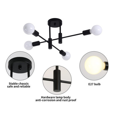 Garwarm Mid Century Sputnik 4 Lights Black Metal Pendant Light