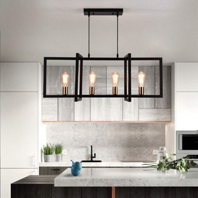 Garwarm Modern 4-Light Matte Black Rectangular Kitchen Island Light