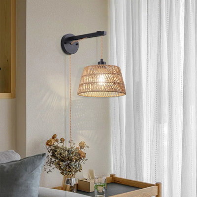 Garwarm Rattan Plug-in Swing Arm Sconce with Bulb Included