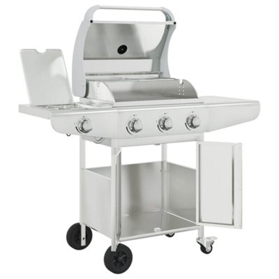 GAS BBQ GRILL WITH 4 BURNERS SILVER STAINLESS STEEL