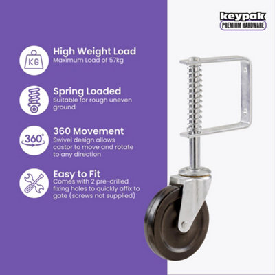Gate Wheel Spring Loaded Castor, 100mm 4-inch Heavy-Duty Wheel, 57kg Load Capacity