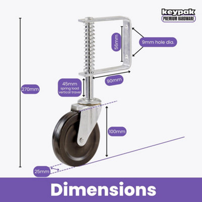 Gate Wheel Spring Loaded Castor, 100mm 4-inch Heavy-Duty Wheel, 57kg Load Capacity