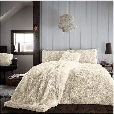 GC GAVENO CAVAILIA Hug & Snug Teddy Fleece Double Cream Duvet Cover With Matching Pillowcase ...