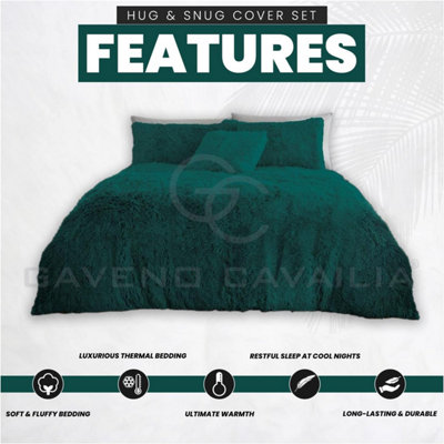 GC GAVENO CAVAILIA Hug & Snug Teddy Fleece Double Green Duvet Cover With Matching Pillowcase ...