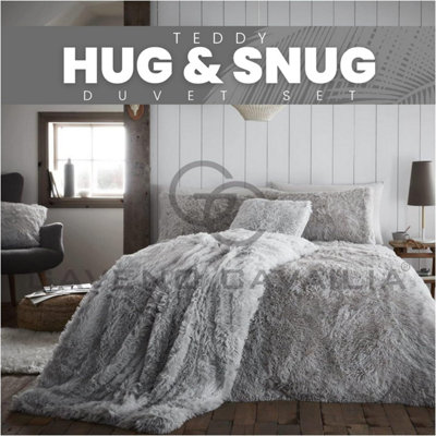 GC GAVENO CAVAILIA Hug & Snug Teddy Fleece Double Grey Duvet Cover With Matching Pillowcase Warm ...