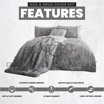 GC GAVENO CAVAILIA Hug & Snug Teddy Fleece Double Grey Duvet Cover With Matching Pillowcase Warm ...