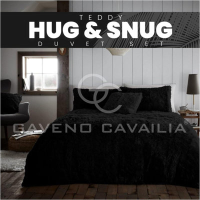 GC GAVENO CAVAILIA Hug & Snug Teddy Fleece King Black Duvet Cover With Matching Pillowcase Warm ...