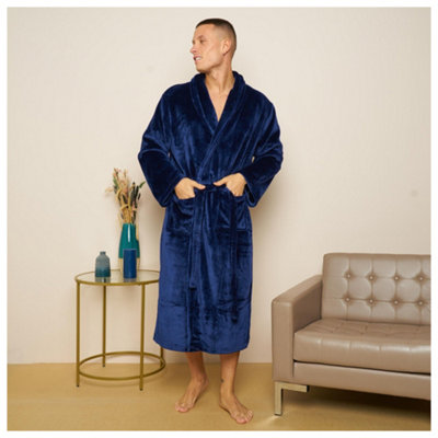 GC GAVENO CAVAILIA Mens Bathrobe Towelling Flannel Plain Navy Fleece ...
