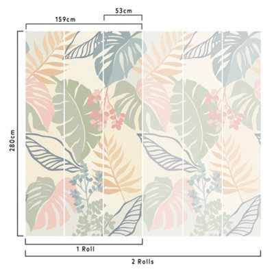 GDUK Abstract Pastel Leaf 3 lane Repeatable Wallpaper Mural, 1.59 x 2.8m, Green & Blush