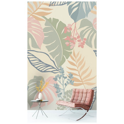 GDUK Abstract Pastel Leaf 3 lane Repeatable Wallpaper Mural, 1.59 x 2.8m, Green & Blush