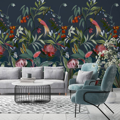 GDUK Botanical Flowers and Birds 3 lane Repeatable Wallpaper Mural, 1.59 x 2.8m, Deep Turqiouse