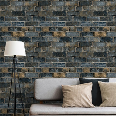 GDUK Brick Effect Elba Textured Wallpaper, Navy Ochre