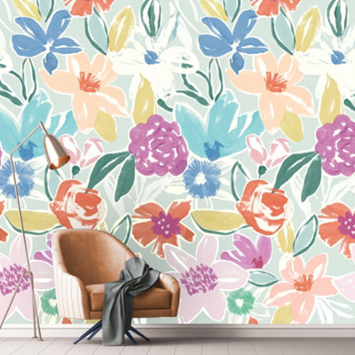 GDUK Bright Chalky Floral 3 lane Repeatable Wallpaper Mural,1.59 x 2.8m, Pink