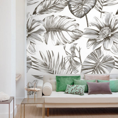 GDUK Leaves and Blooms 3 lane Repeatable Wallpaper Mural,1.59 x 2.8m, White