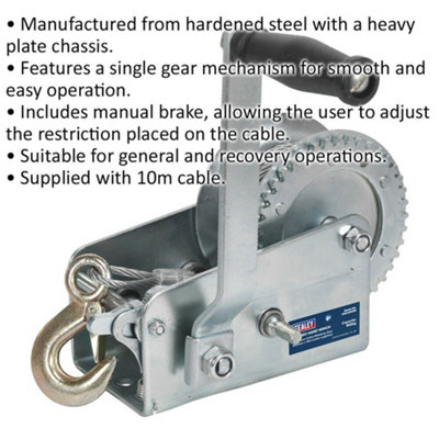 Geared Hand Winch with Cable - 900kg Capacity - Hardened Steel - Manual ...