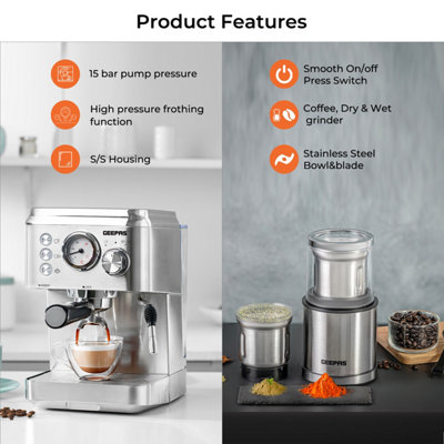 GEEPAS 1140W Espresso & Cappuccino Coffee Machine & 200W Coffee Grinder ...