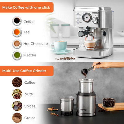 GEEPAS 1140W Espresso & Cappuccino Coffee Machine & 200W Coffee Grinder ...