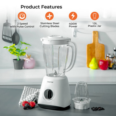Geepas 400W White Stainless Steel 2-in-1 Jug Blender Grinder Smoothie 1.5L