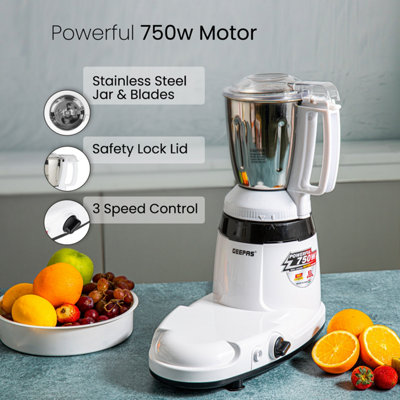 Geepas 750W 3 in 1 Mixer Grinder Stainless Steel Jars Dry Wet Fine Grinding Blender