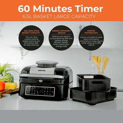 Geepas Vortex 6.5L Air Fryer & Smokeless Indoor Grill, 12-in-1 Smart XL ...