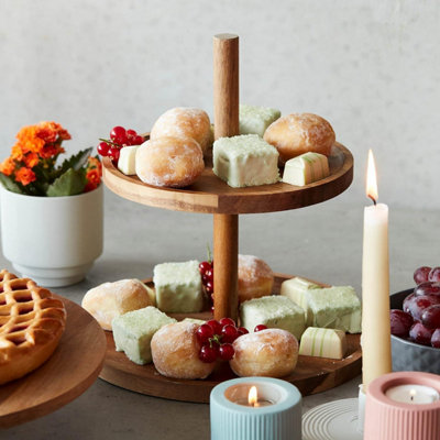 GEEZY 2 Tier Wooden Food Stand Round Acacia Wood Serving Tray Cup Cake ...